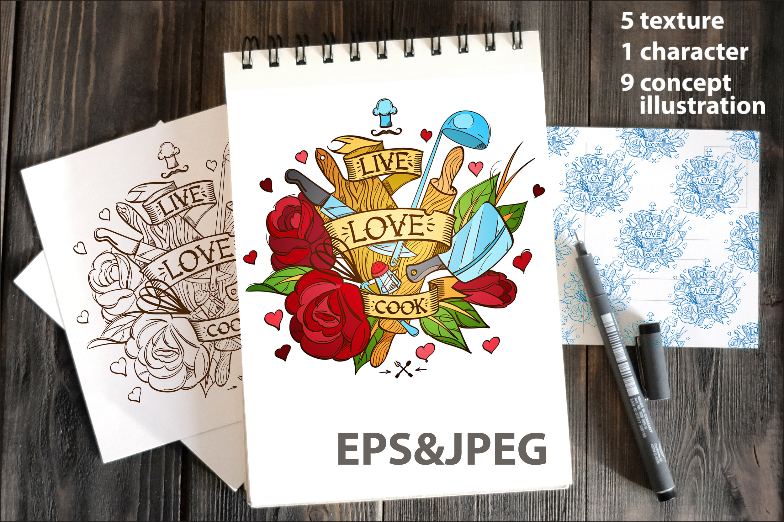 Set: Live, Love, Cook, a Food Illustration by It's Time to Designs