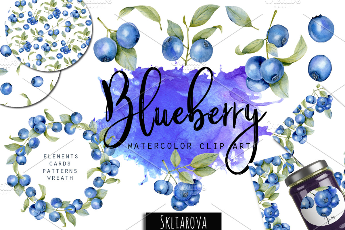 Blueberry. Watercolor clip art., a Decorative Illustration by Skliarova