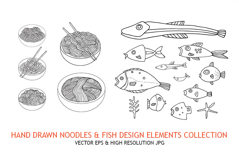 Noodles & Fish hand drawn elements, a Food Illustration by Anttoniu