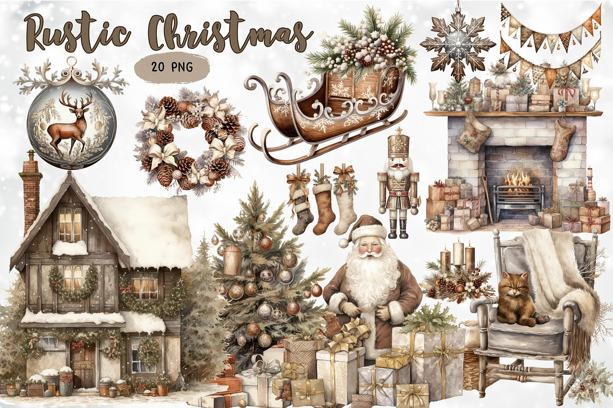 Rustic Christmas Watercolor Clipart, a Seasonal Illustration by Maysa Art