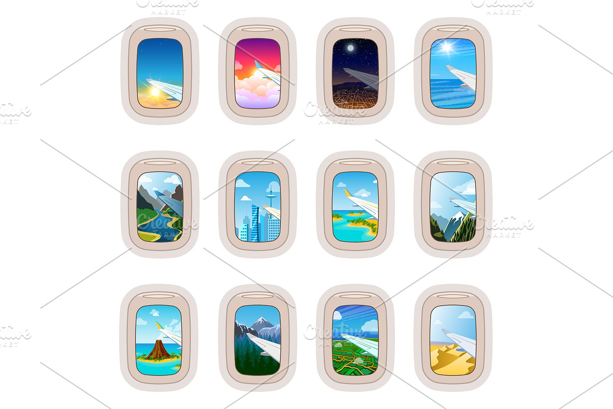 Aairplane window vector traveling by plane and porthole view in flight ...