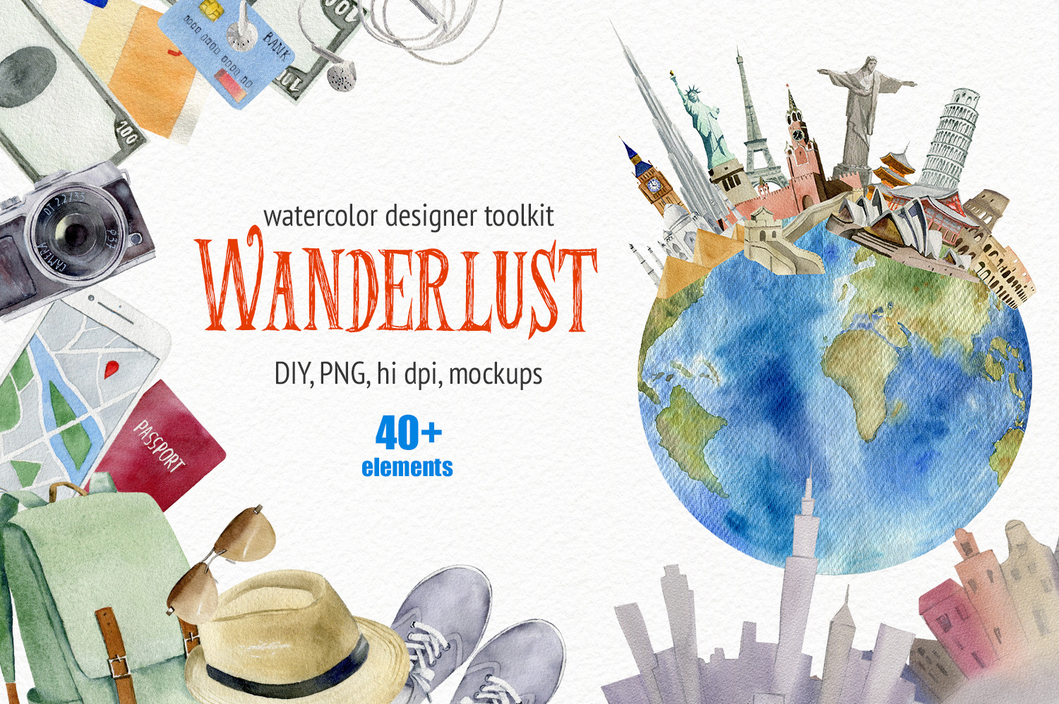 Wanderlust watercolor design toolkit, a Transportation Illustration by ...