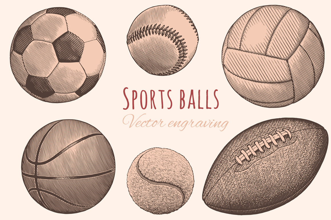 Set Sports balls. Vector engraving., an Object Graphic by Vector Engraving