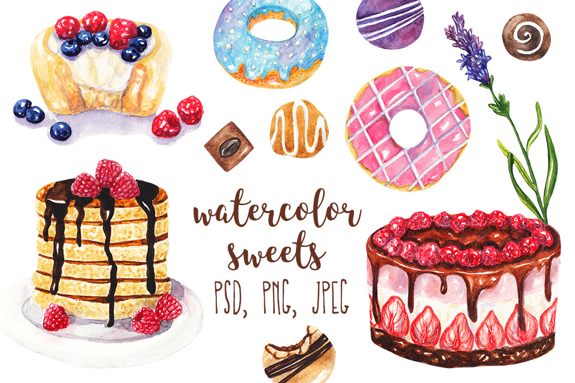Watercolor sweets. PSD, PNG, JPEG, a Food Illustration by Scarlet Heath Art