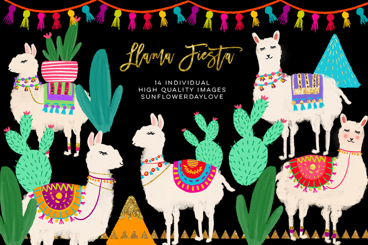 Cactus and Llama Watercolor Clipart, an Illustration by Sunflower Day Love