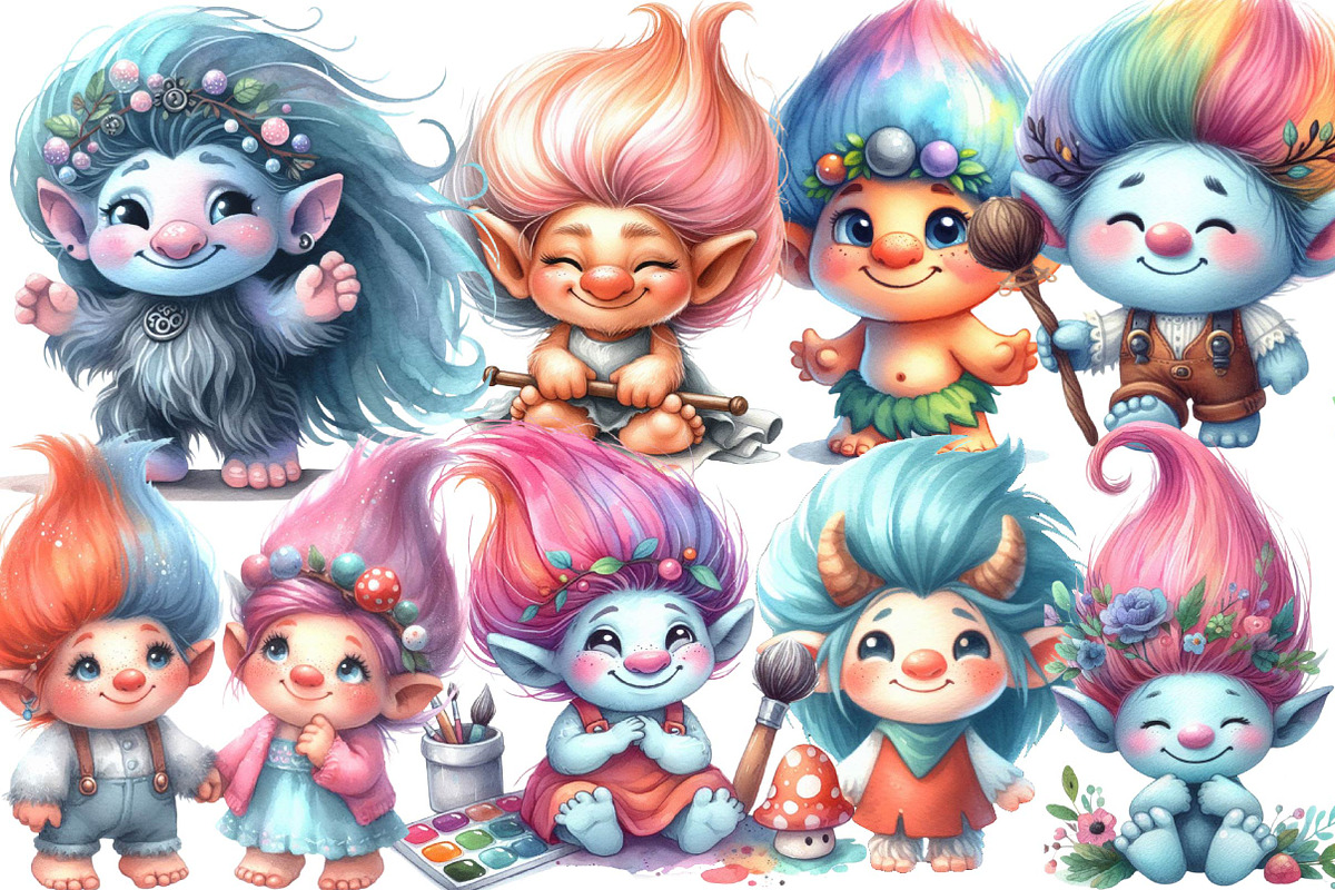 Watercolor Cute Trolls Clipart, an Illustration by Libby Wishes