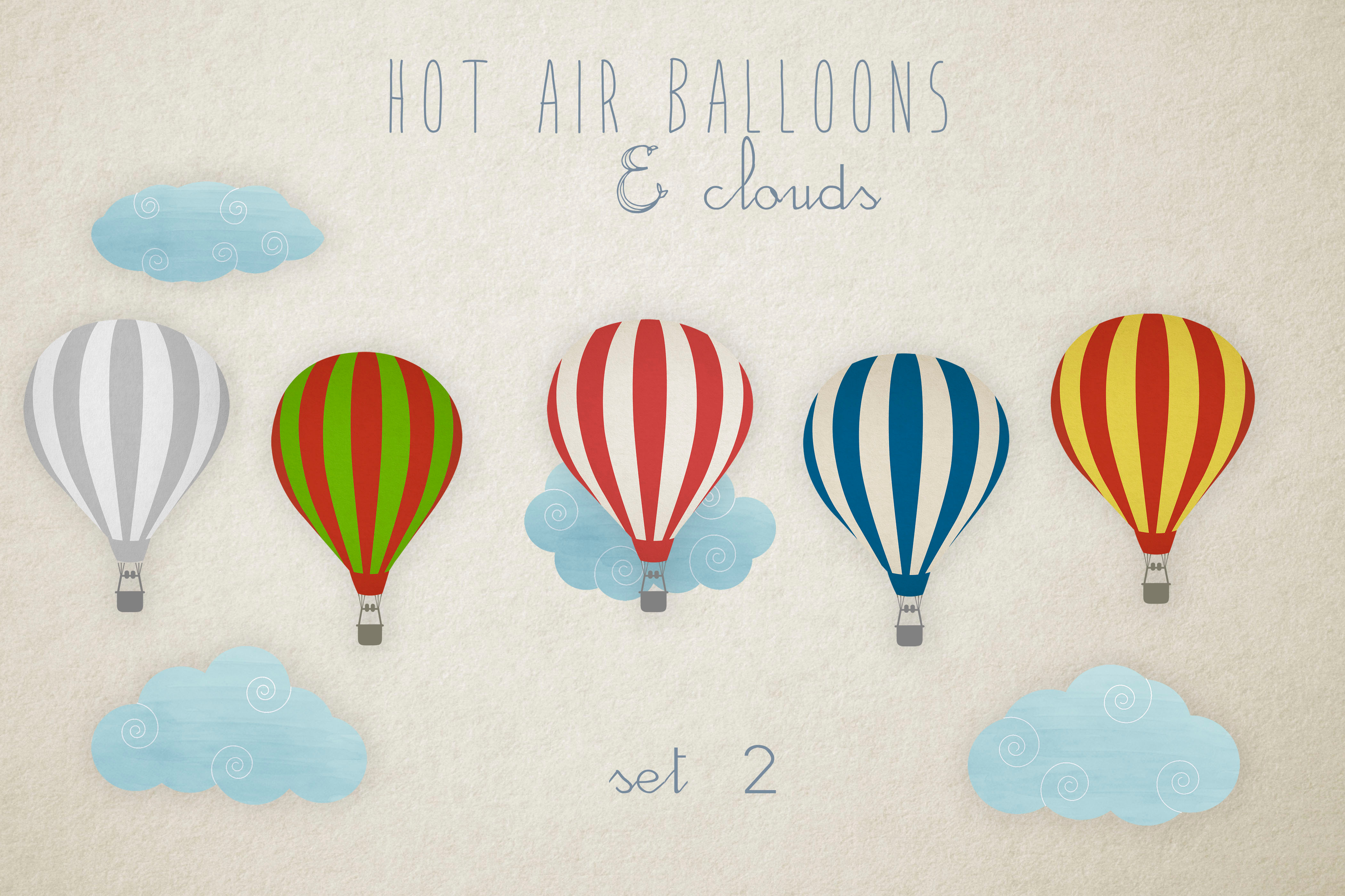 Hot air balloons clip art set 2, an Illustration by Katie Lisker