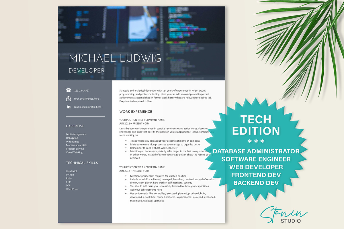 Tech Resume Template | Developer, a Resume Template by Stanin Studio