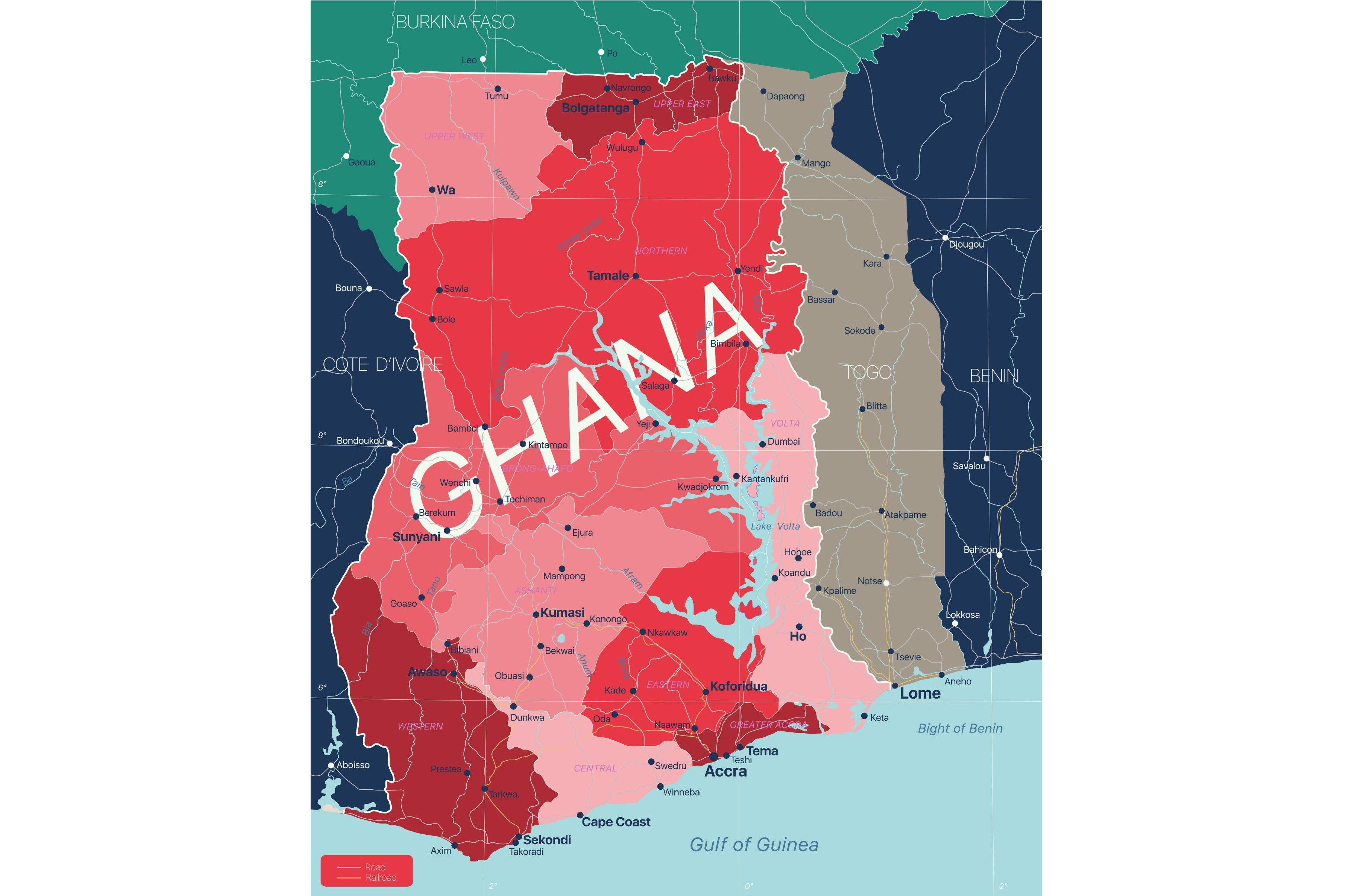 Ghana country detailed editable map, a Transportation Illustration by ...