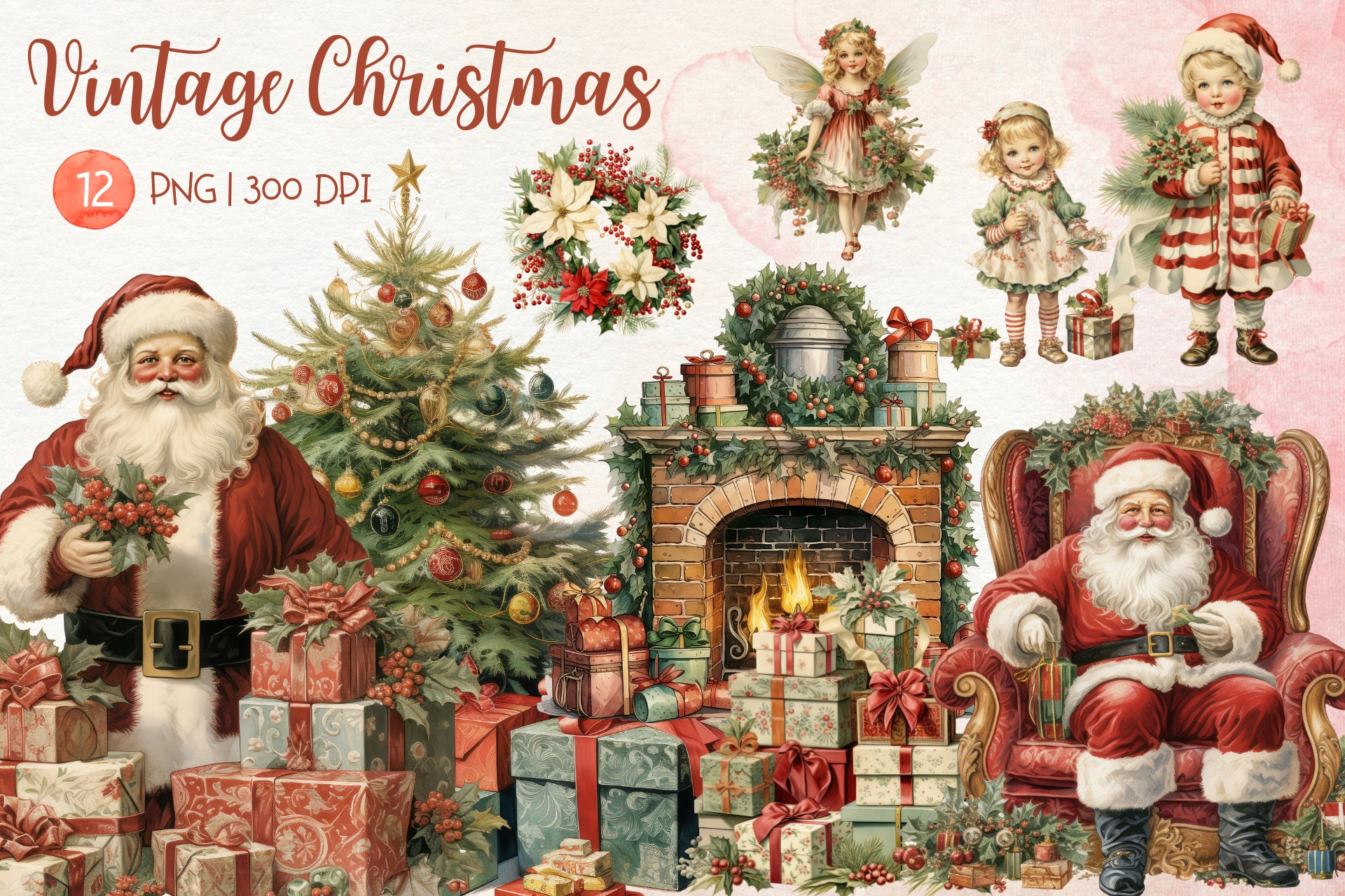Vintage Christmas Watercolor Clipart, a Seasonal Illustration by Maysa ...