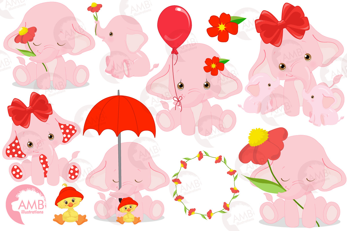 Pink baby elephant Bundle AMB-2276, an Animal Illustration by ...