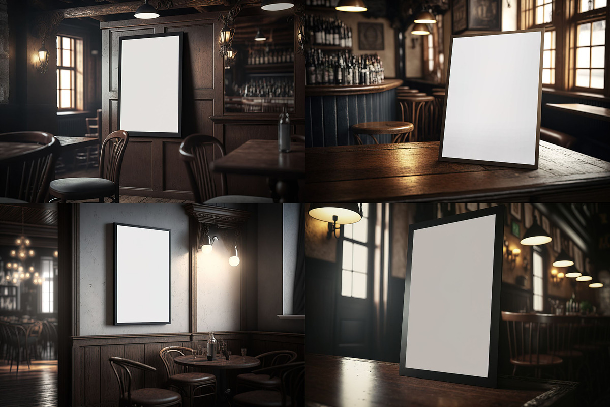 Pub Posters PSD Mockup Pack, Bar Banner PSD Template, Wooden interior ...