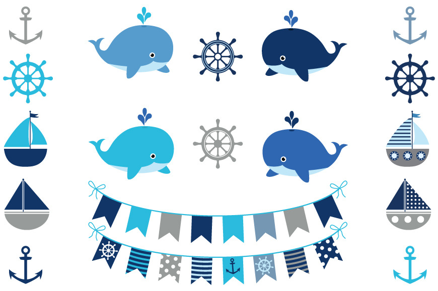 Boy nautical clipart set with whales, an Illustration by Pravokrugulnik