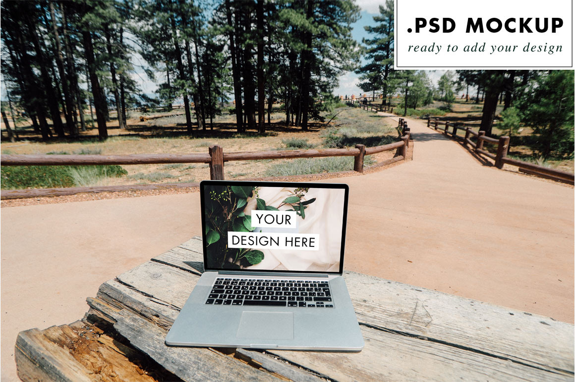 Forest Working Table Laptop Mockup, a Mac Mockup by Travelling Mockups