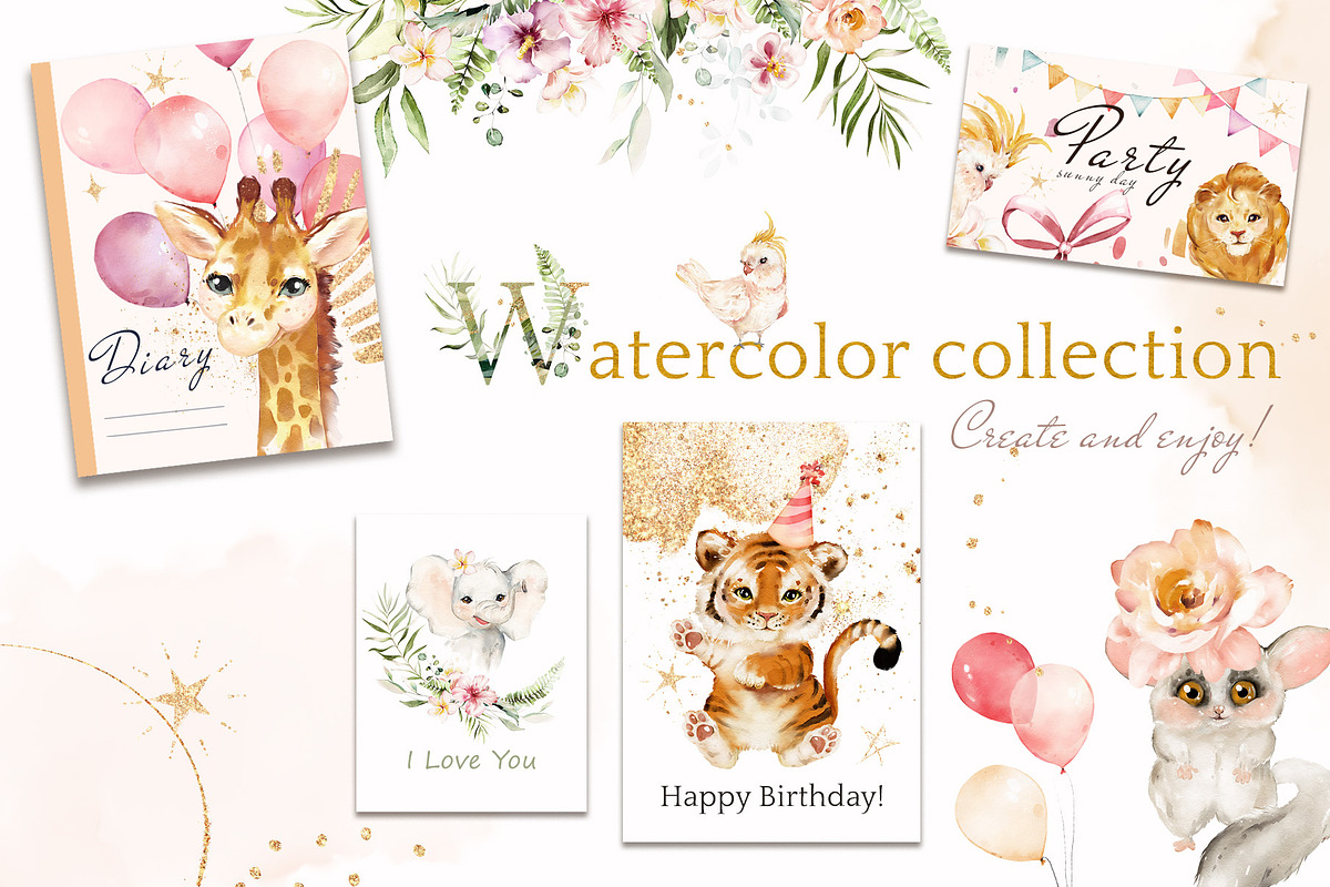 watercolor animals, tropical party, an Object Graphic by Lisima