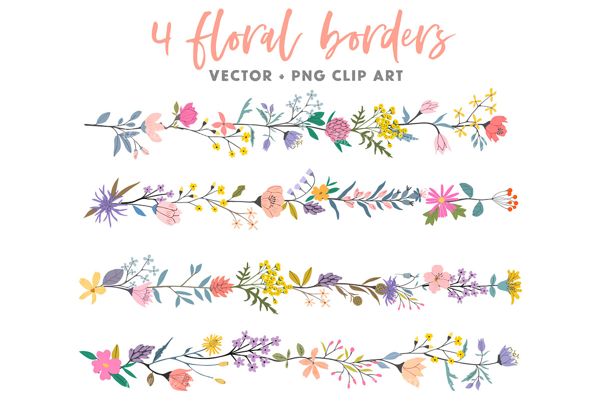 Floral borders clip art, vector+PNG, an Illustration by Katie Lisker