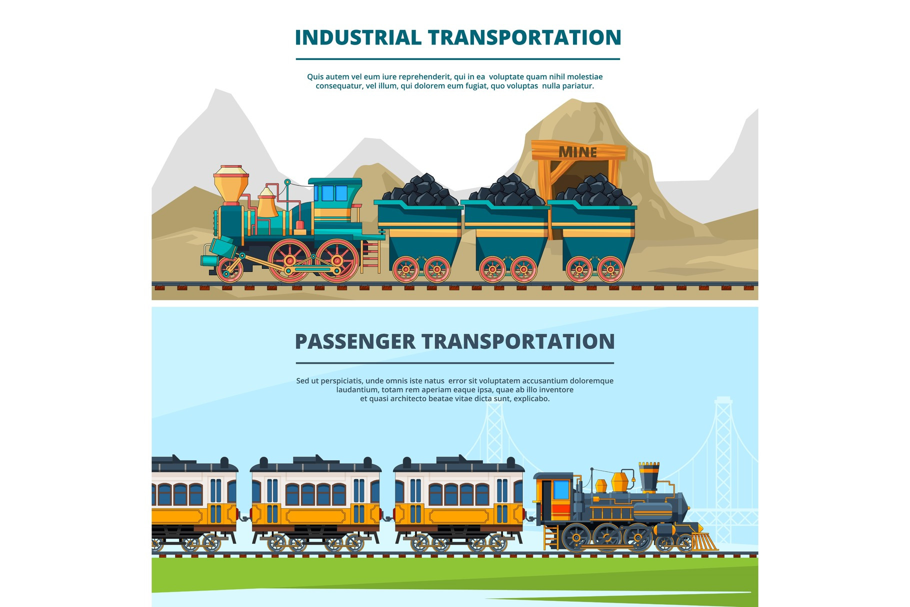 Banners template with colored illustrations of retro trains, a ...