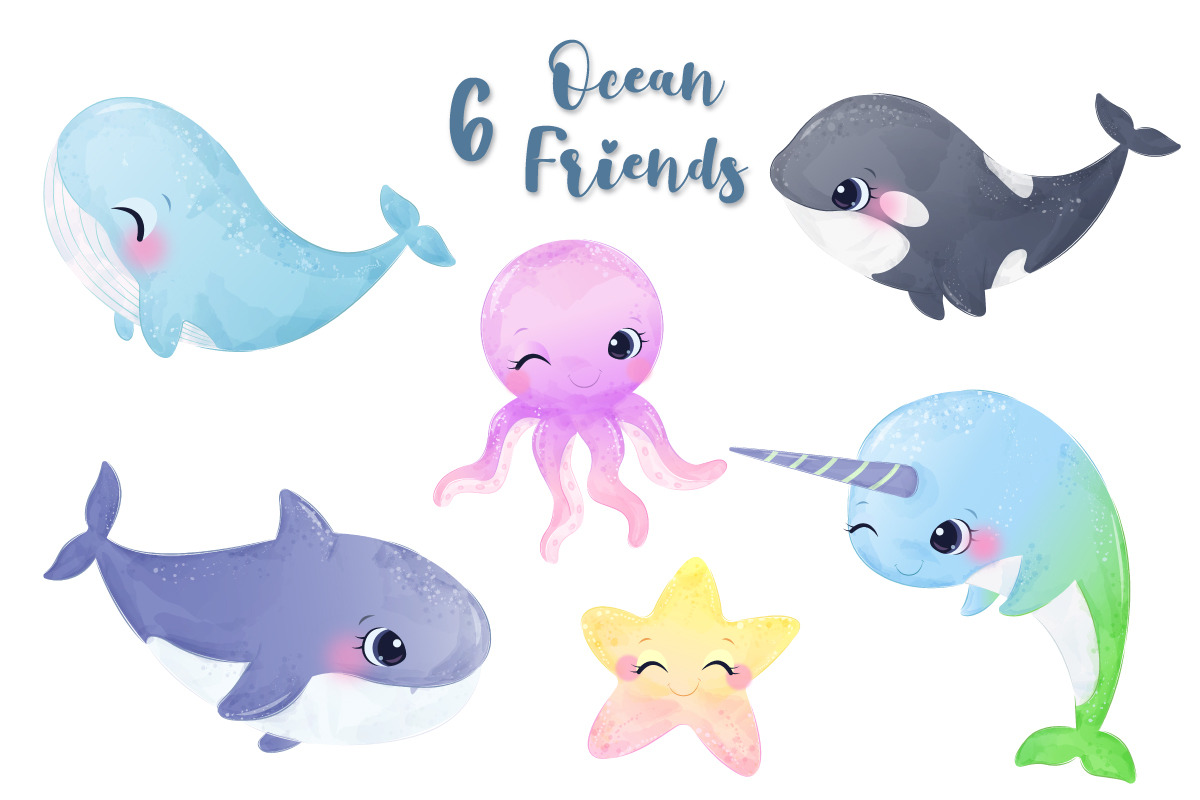 Cute ocean animals clipart set | Creative Market
