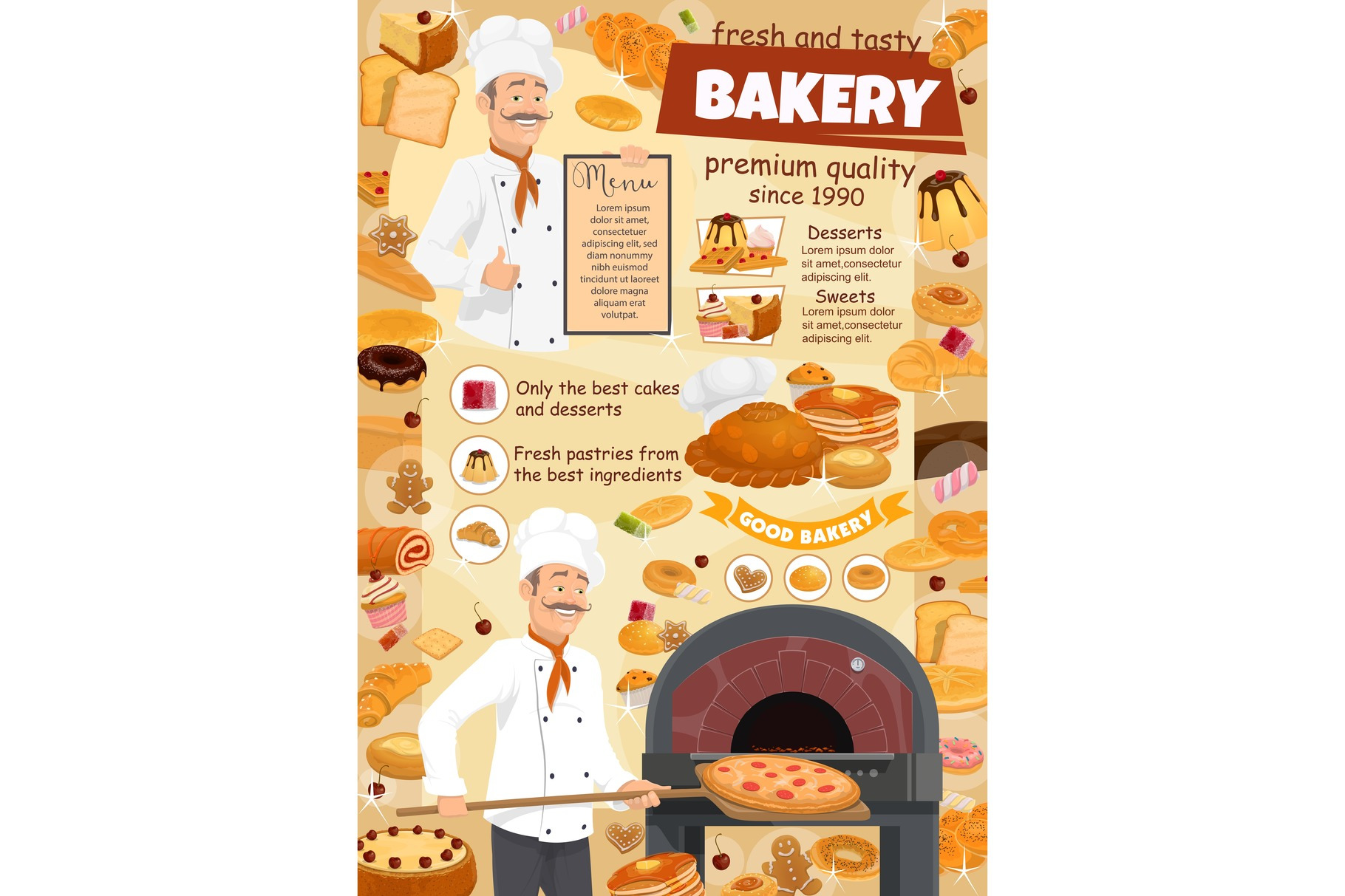 Bakery menu, baker and pizza, a Food Illustration by Vector Tradition