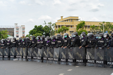 Police officer team with weapons and riot shield protection. Vio, a ...