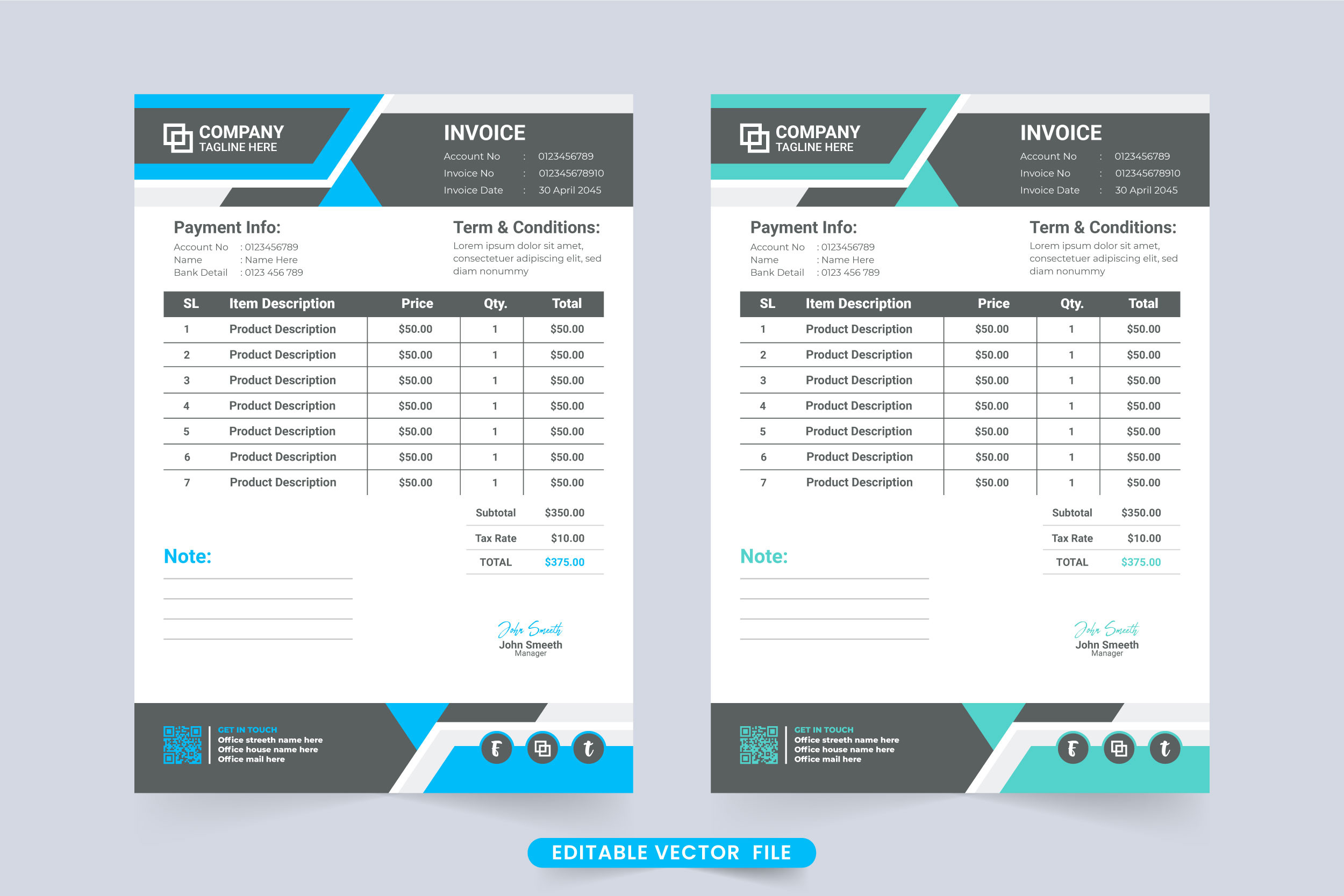 Corporate invoice and cash receipt