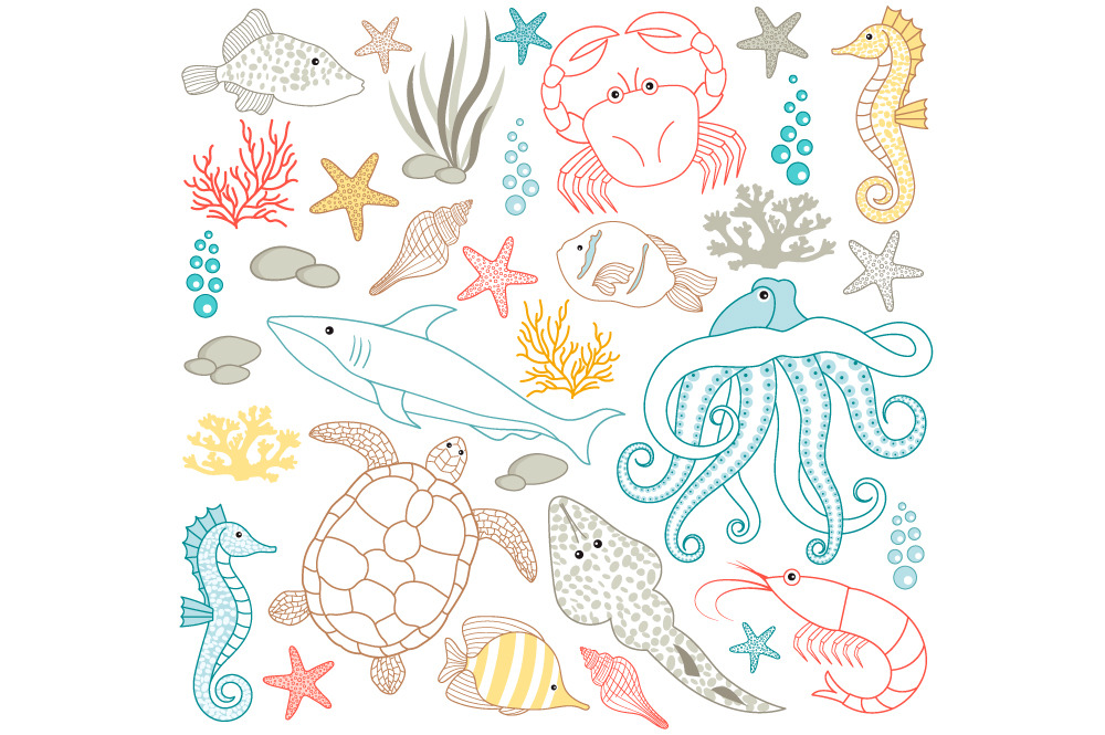 Digital Sea Life Set, an Illustration by TheCreativeMill | Creative Market