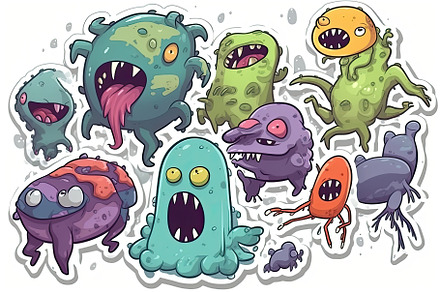 Colorful sticker set of monster like characters viruses and bact, a ...