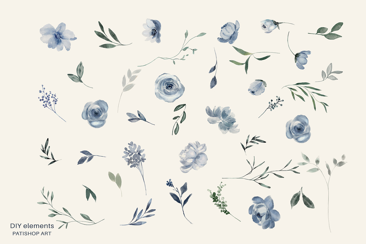 Watercolor Dusty Blue Floral Clipart, an Illustration by Patishop Art