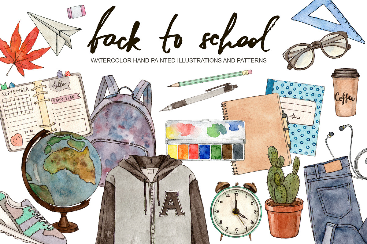 Back to school. Watercolor clipart set