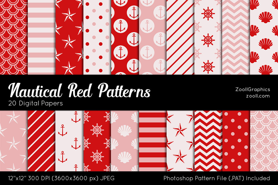 Nautical Red Digital Papers, a Pattern Graphic by ZoollGraphics