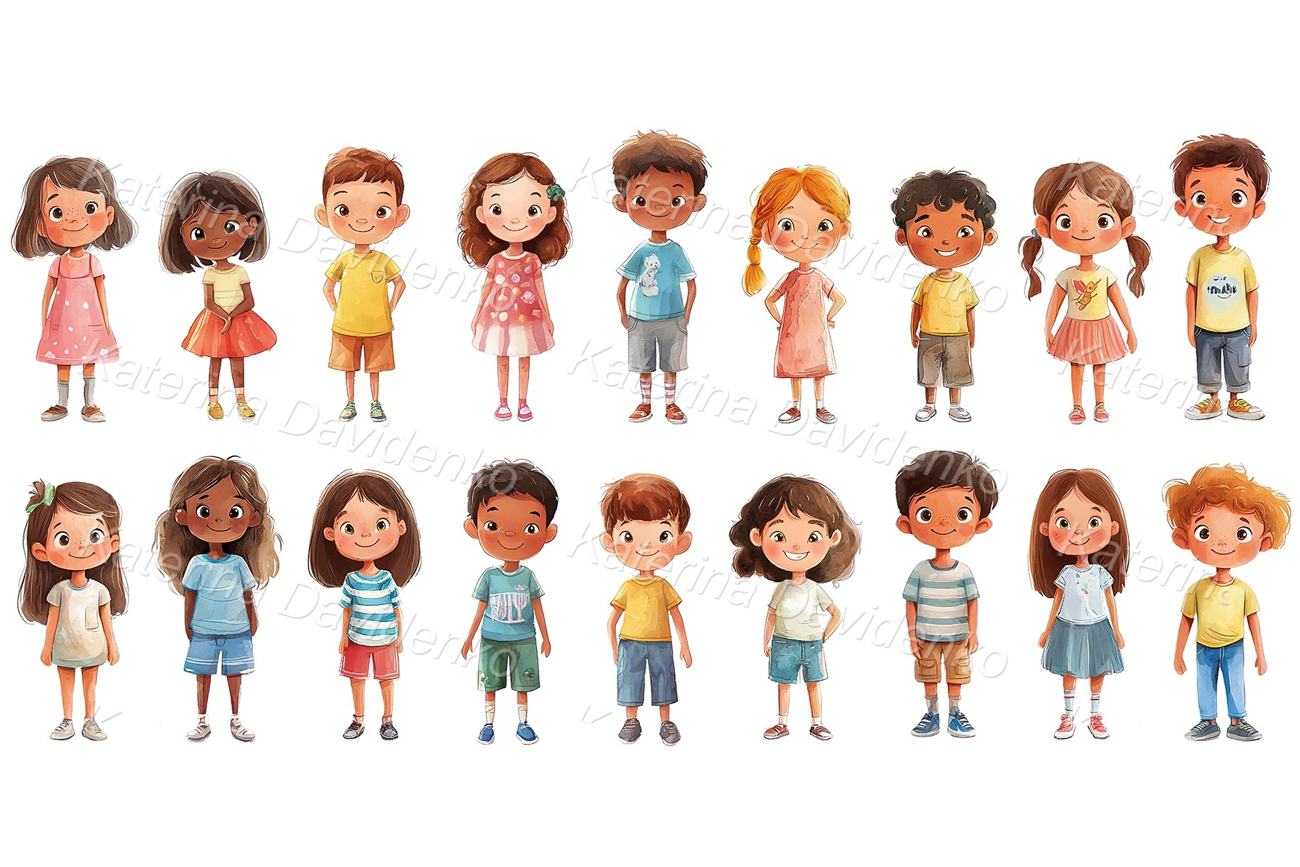 Watercolor cartoon kids front view, a Person Illustration by Bubert Art