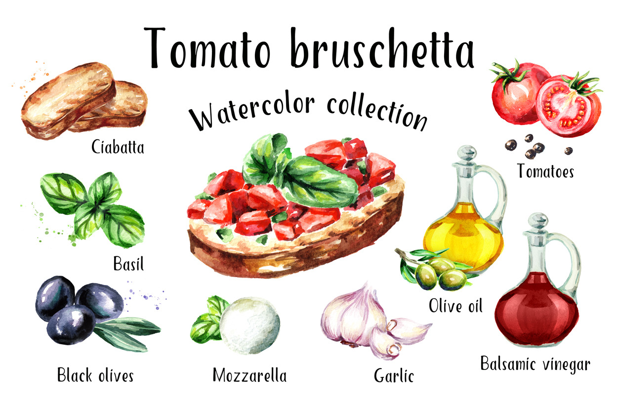 Bruschetta. Watercolor, a Food Illustration by Daria Ustiugova