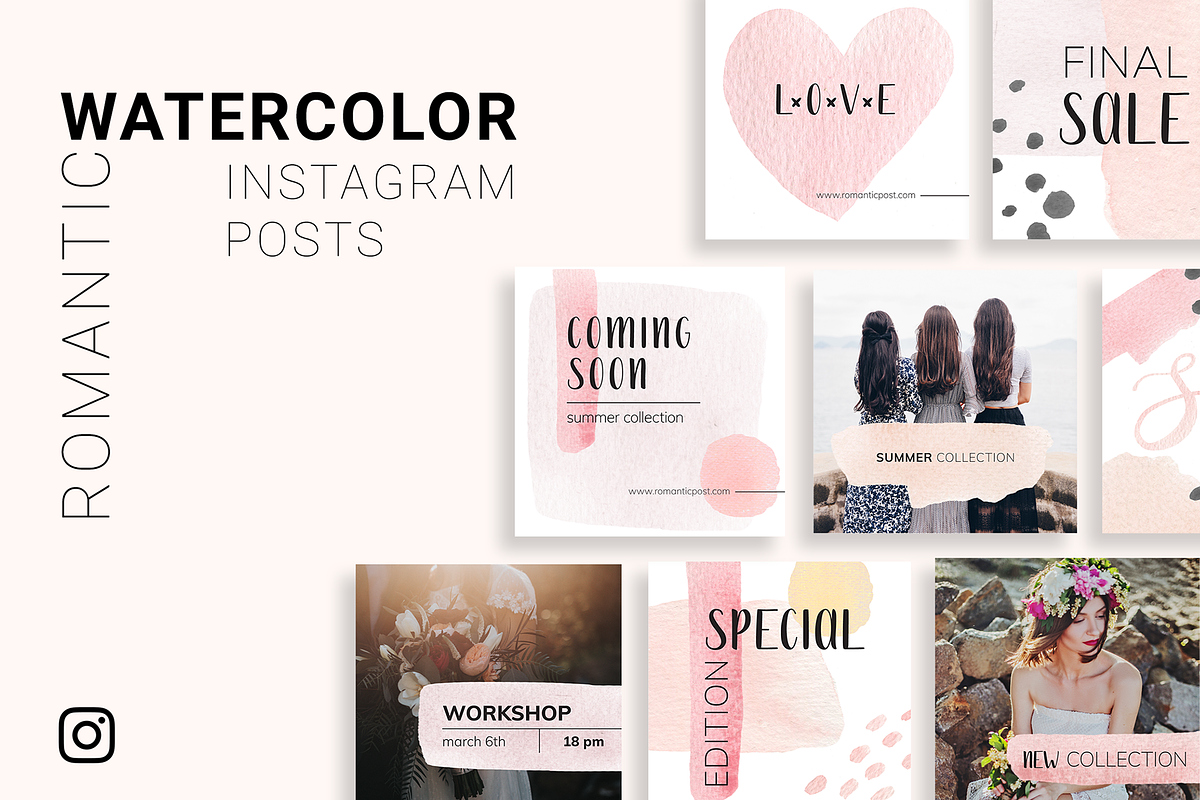 Romantic Watercolor Instagram Posts, a Social Media Template by Wild Ones