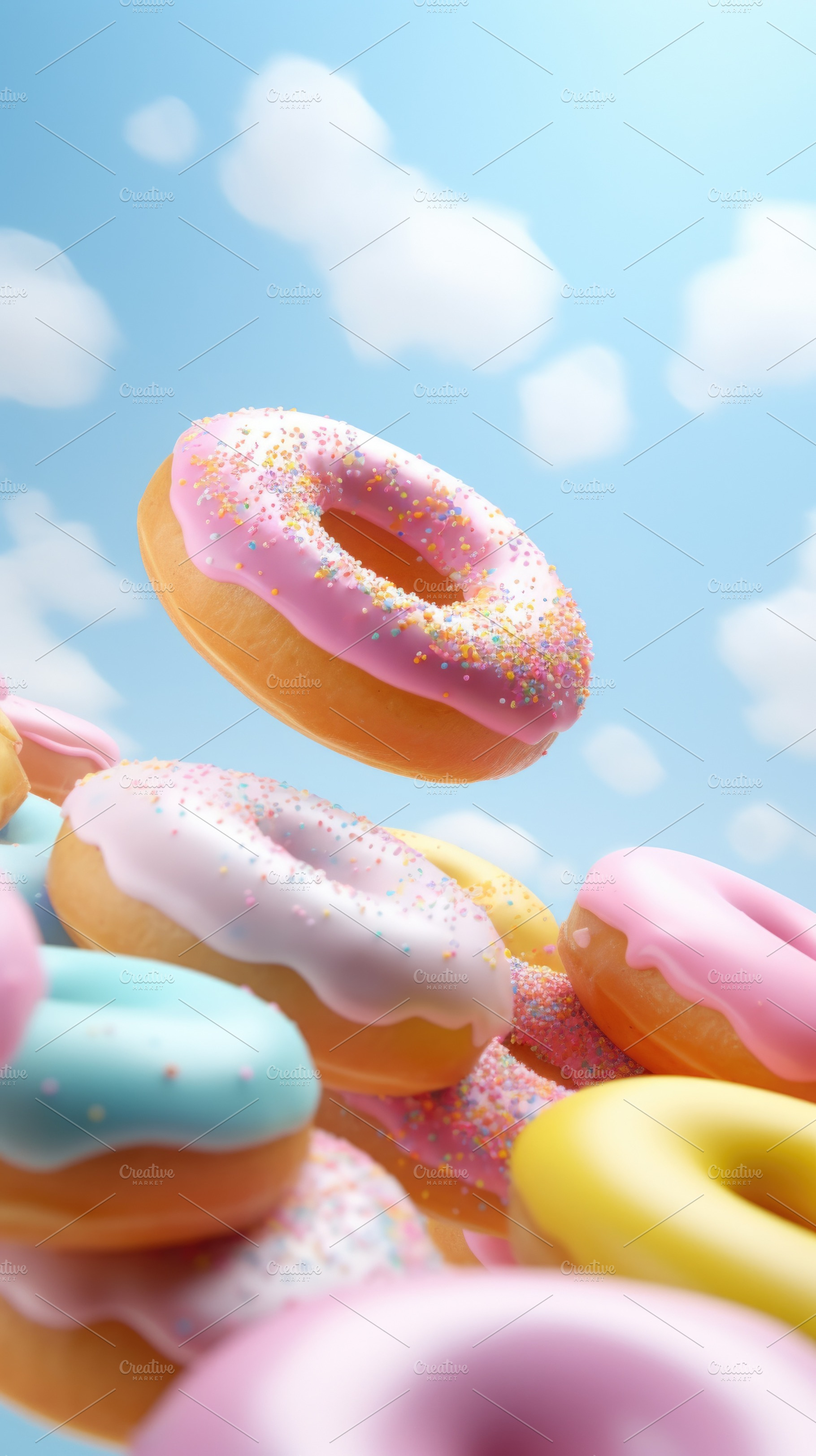 Bright pastel color frosted assorted donuts levitating, blue sky, a ...