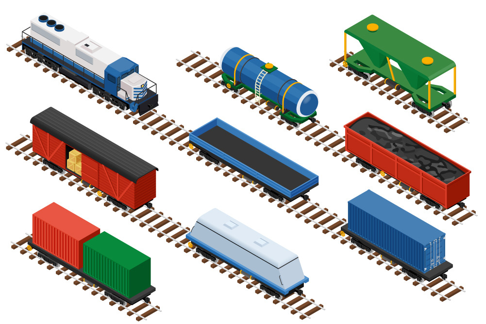 Isometric set of railway trains, an Object Illustration by NKuvshinov
