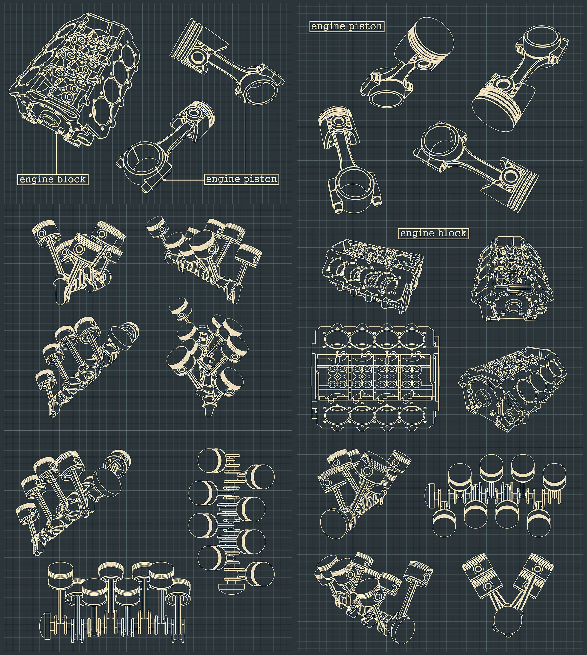 Engine Block and Pistons Blueprints, a Technology Illustration by ...