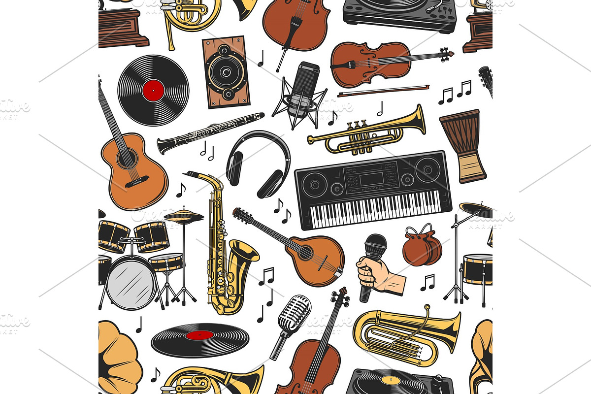 Musical instruments seamless pattern, an Illustration by Vector ...