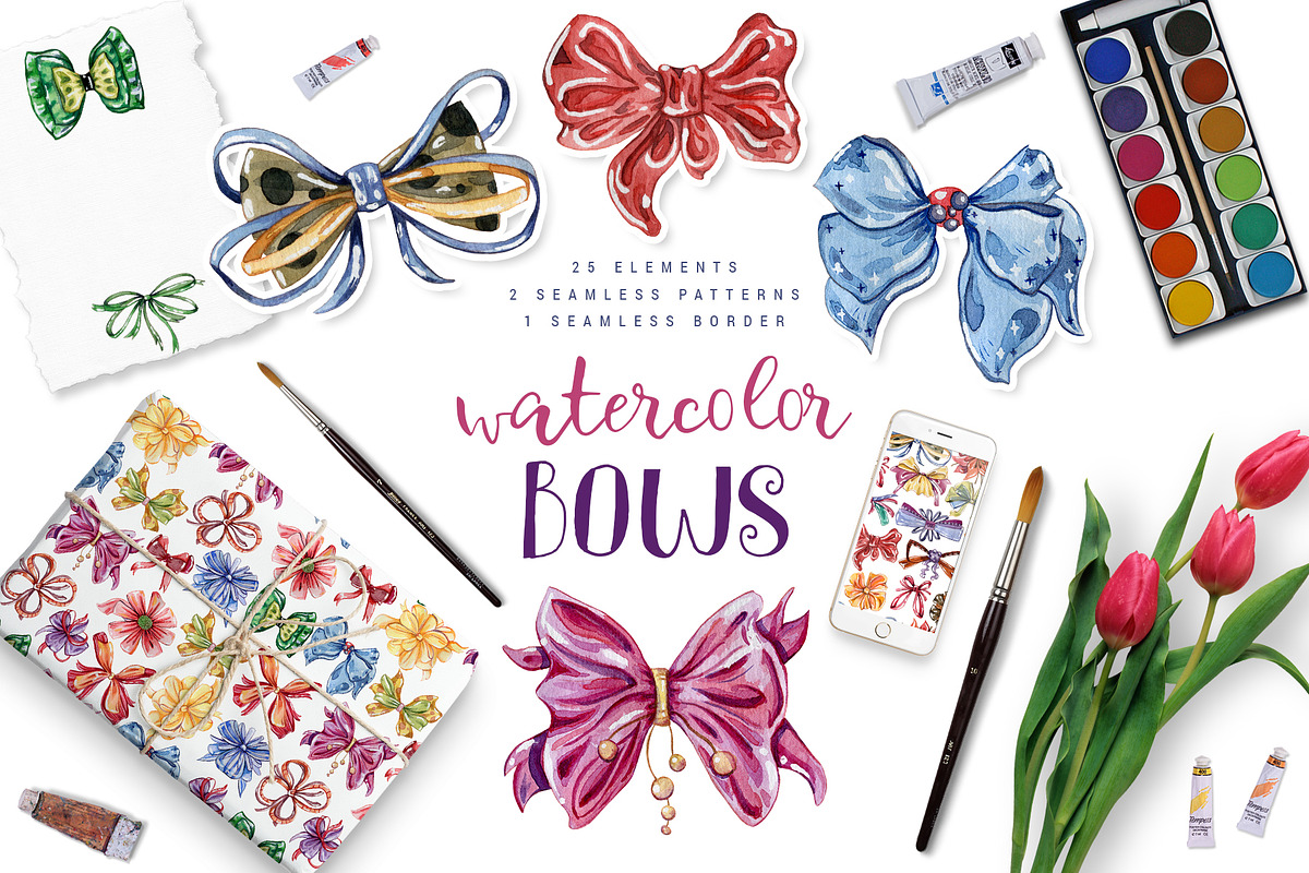 Watercolor bows, a Decorative Illustration by kateja