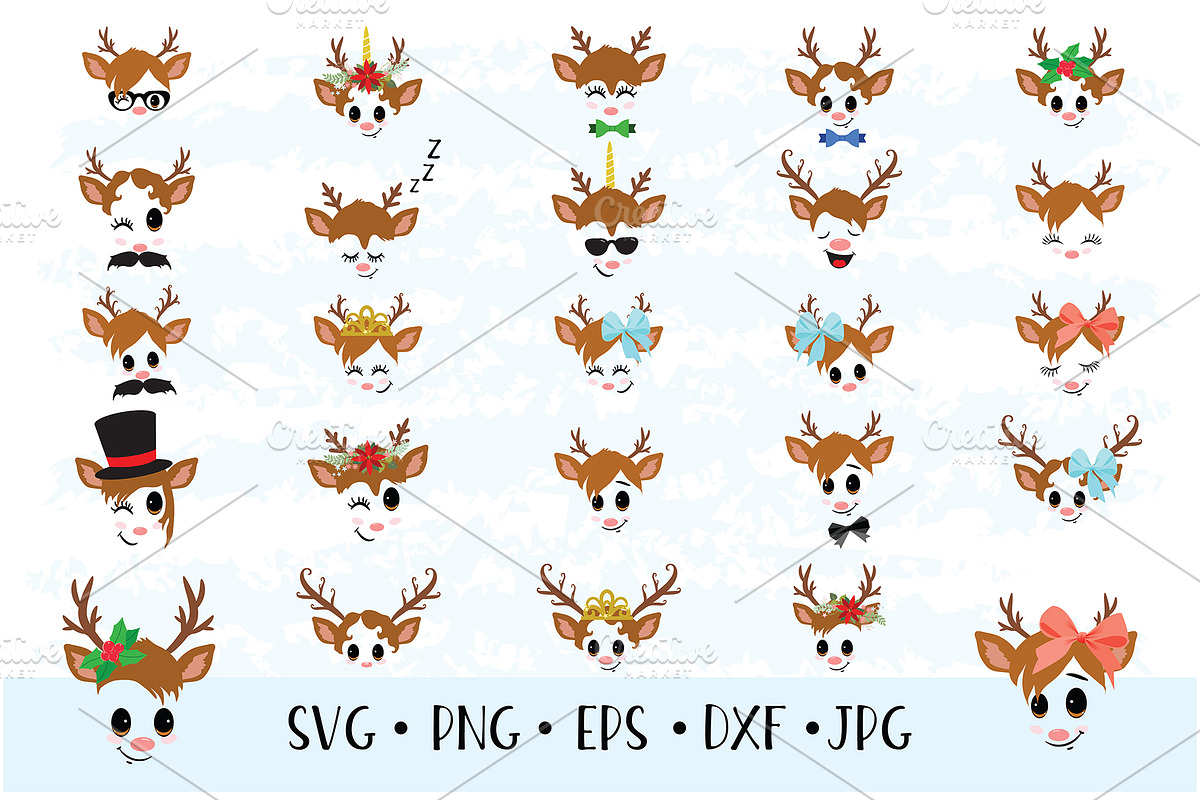 Reindeer Faces clip art set 2, an Animal Illustration by Rasveta