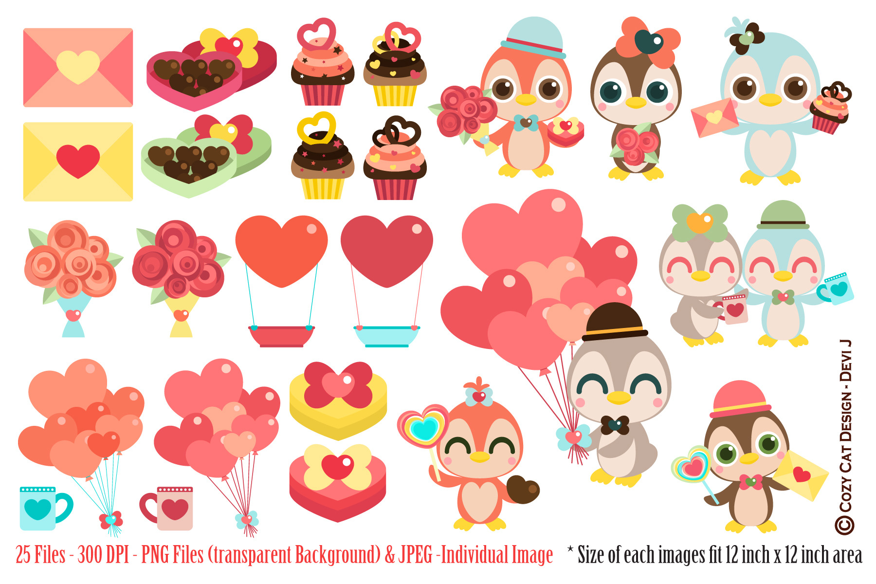 Penguin Valentine Digital Clipart, an Illustration by Cozy Cat Design