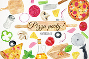 Watercolor Pizza Party Clipart, a Food Illustration by Paulaparaula