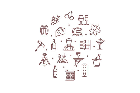 Wine Making Drink Round Set, an Outline Icon by Vector and Templates