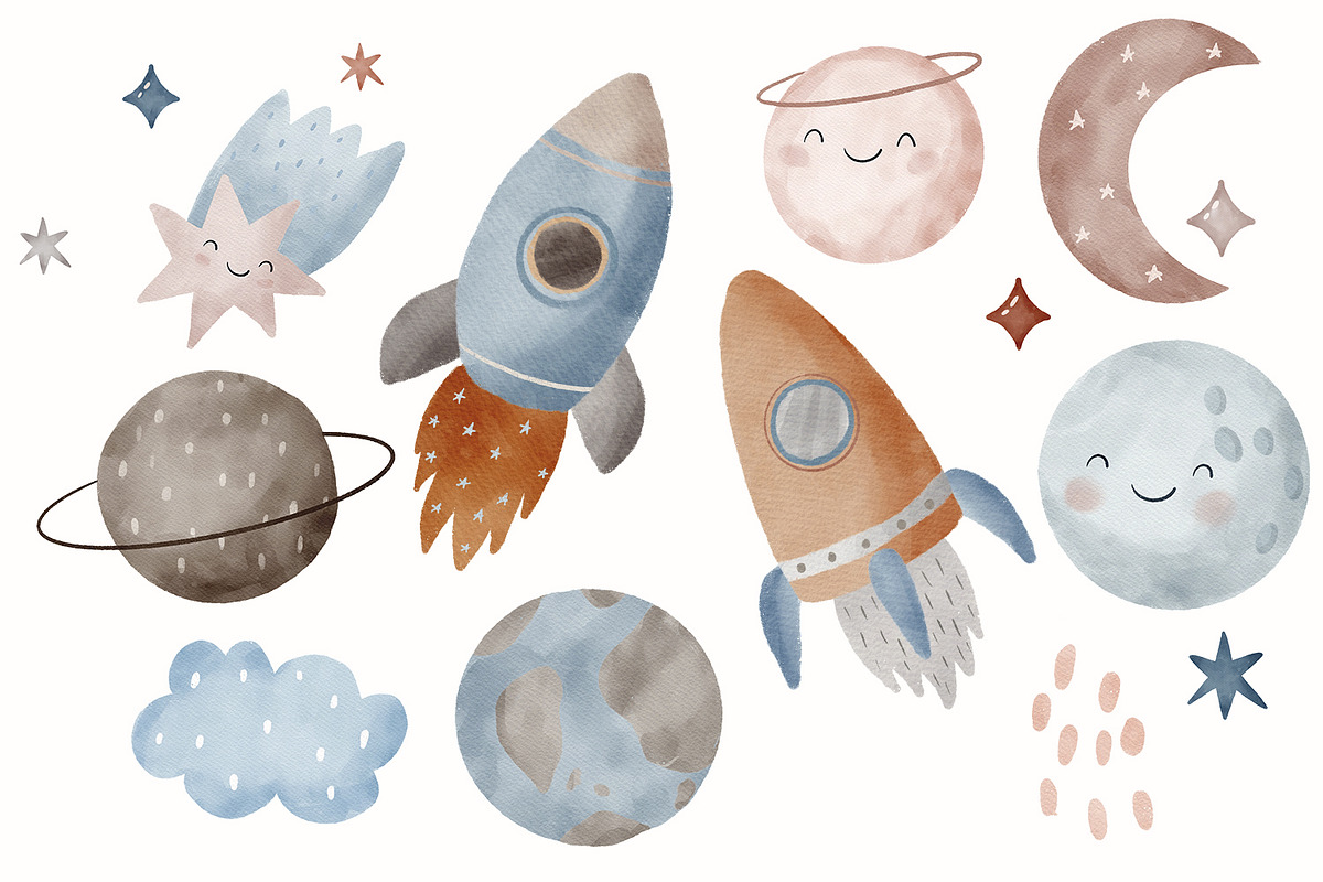 Watercolor cute space clipart PNG, an Illustration by SleptArt