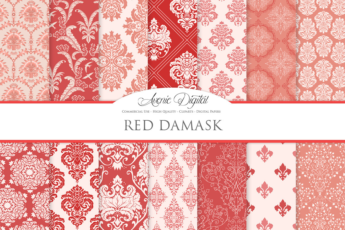 28 Red Damask Digital Papers, a Pattern Graphic by Avenie Digital