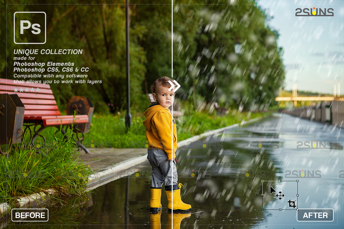 Falling png Rain Weather Overlays, a Layer Style Add-On by 2SUNS