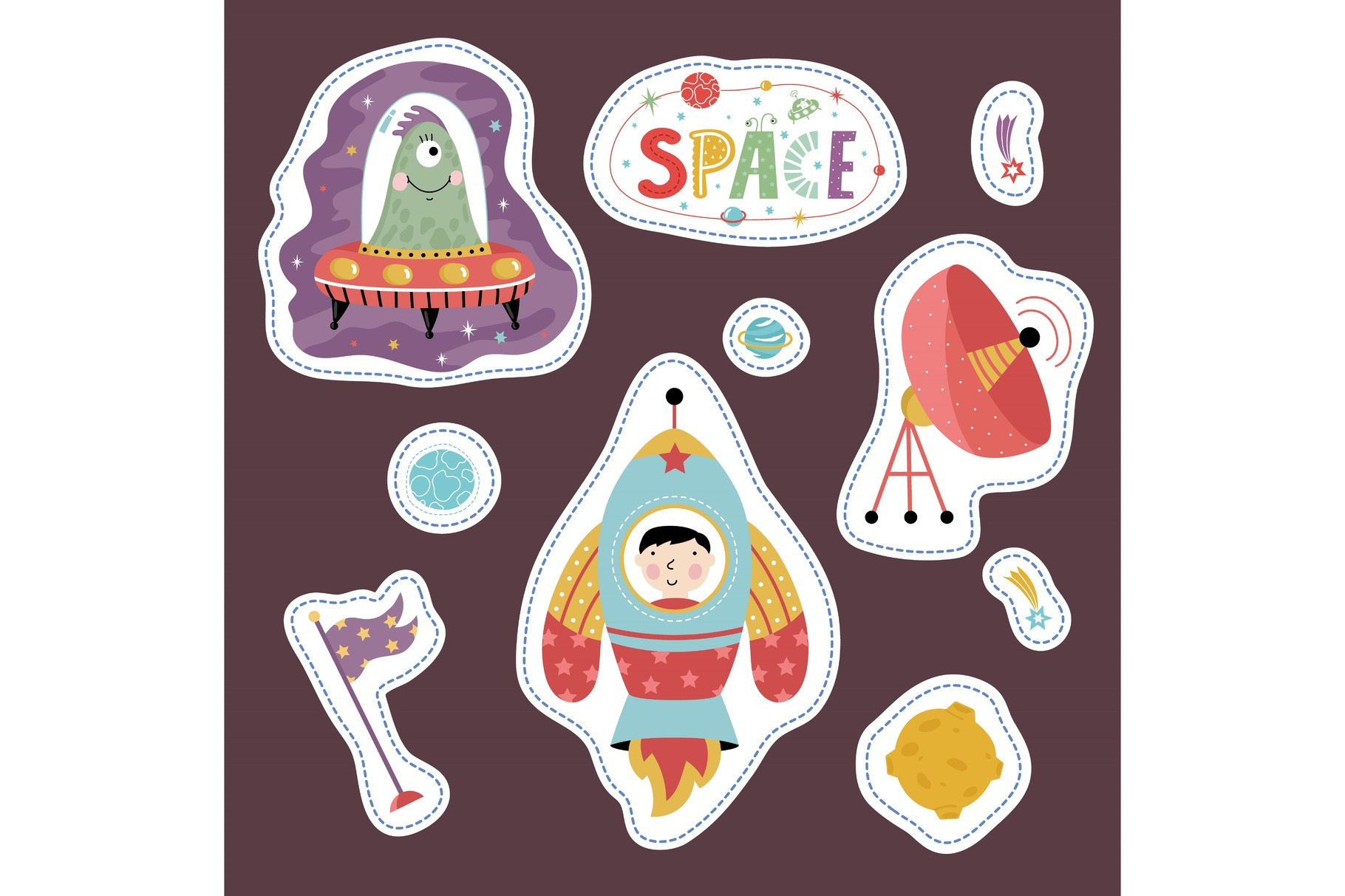Stickers Collection with Space Cartoons | Illustrations ~ Creative Market