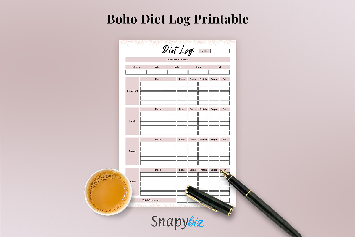 Diet Tracker, Food Log, Diet Planner, a Print Template by Snapybiz | Creative Market