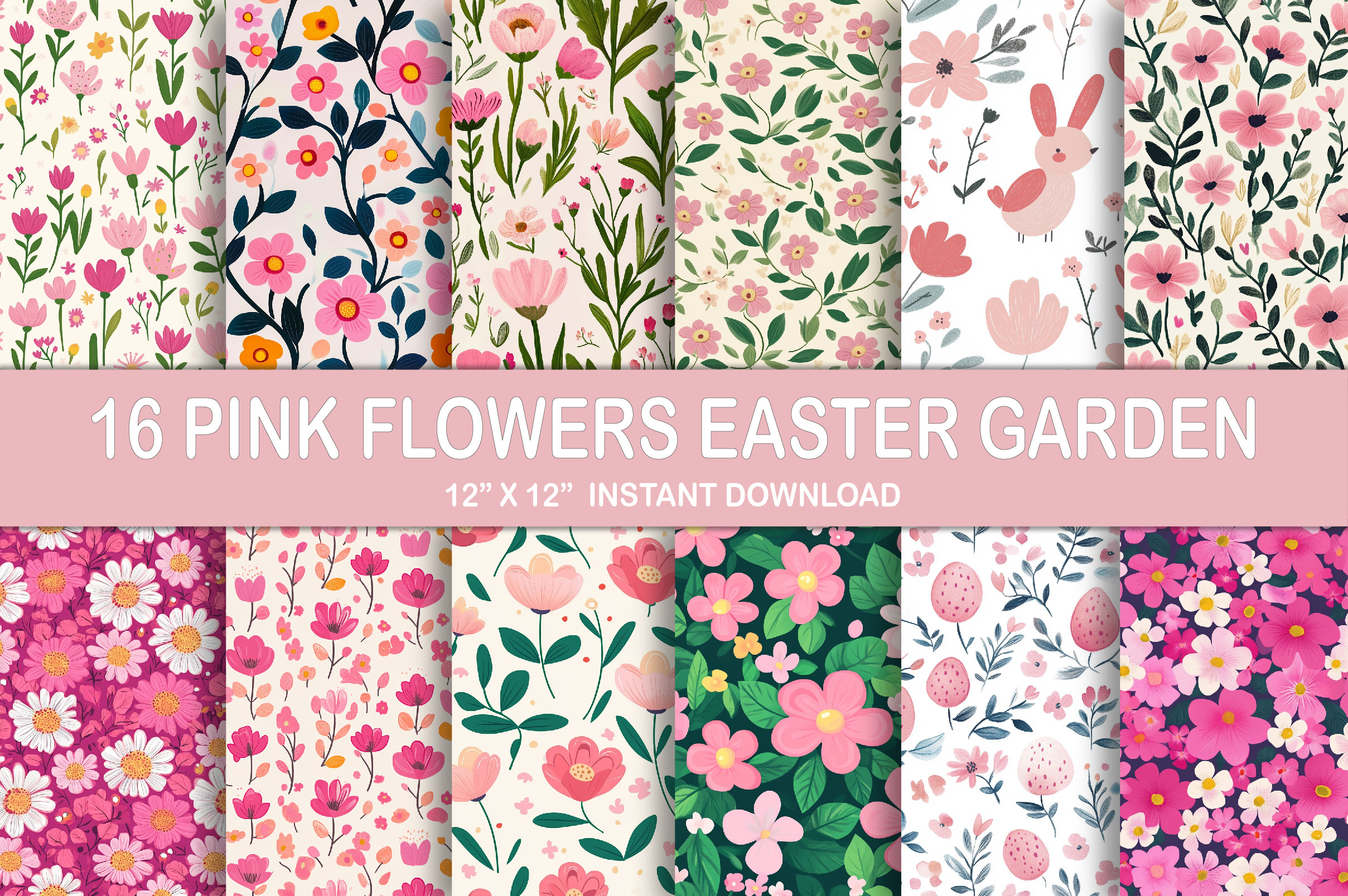 Pink Flowers Easter Garden Digital, a Pattern Graphic by Watercolor design