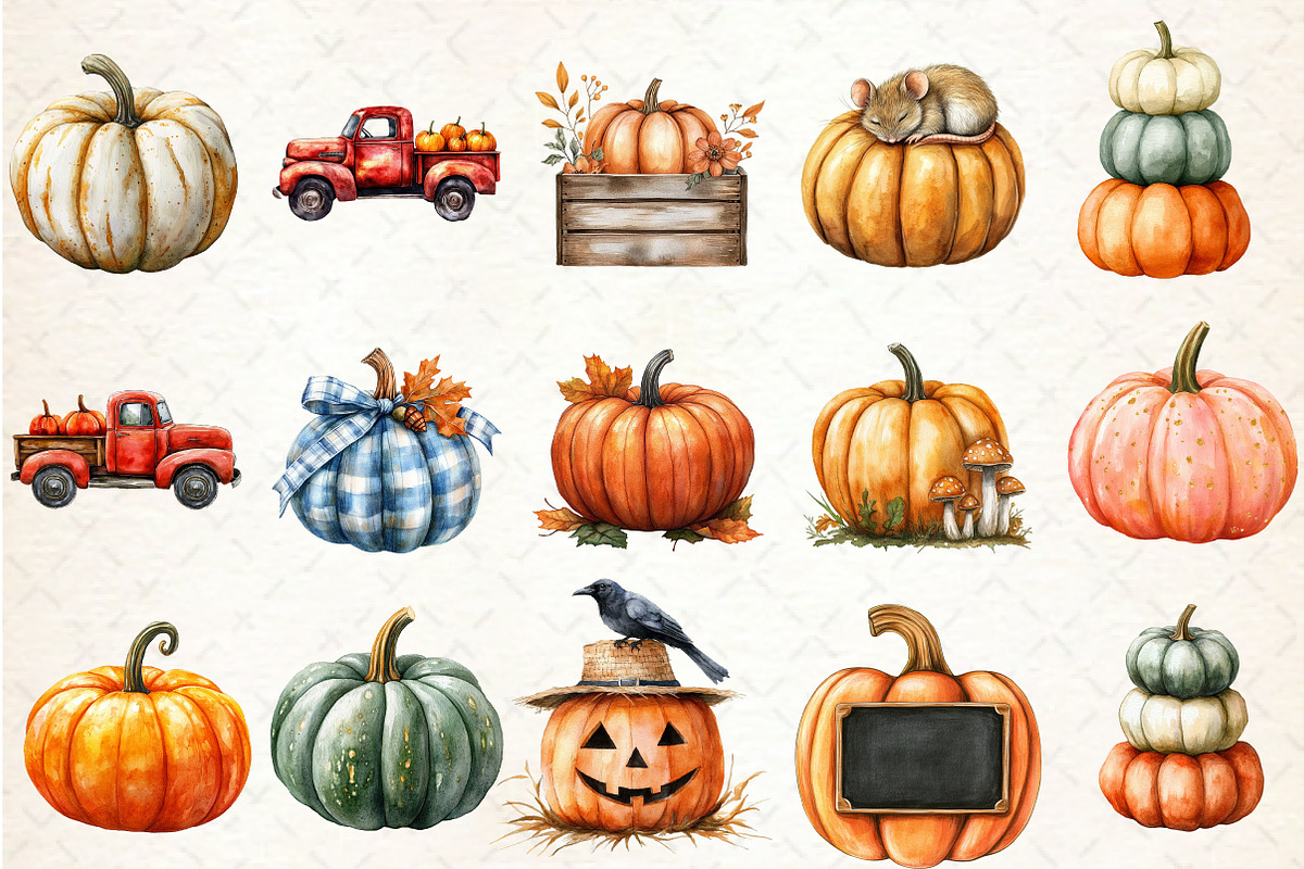 Watercolor Pumpkin Patch Clipart, a Seasonal Illustration by Rose Art