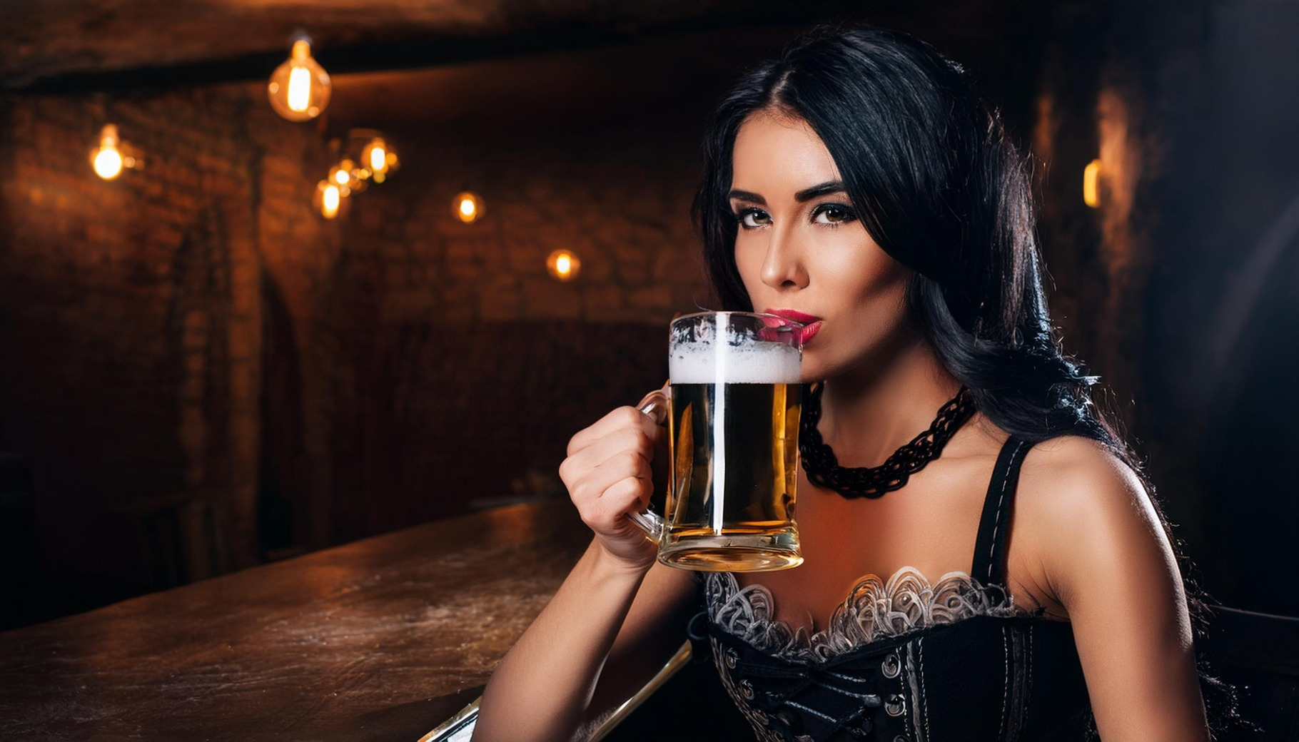 beautiful young goth woman drinking in tavern, AI generated, a Photo by ...